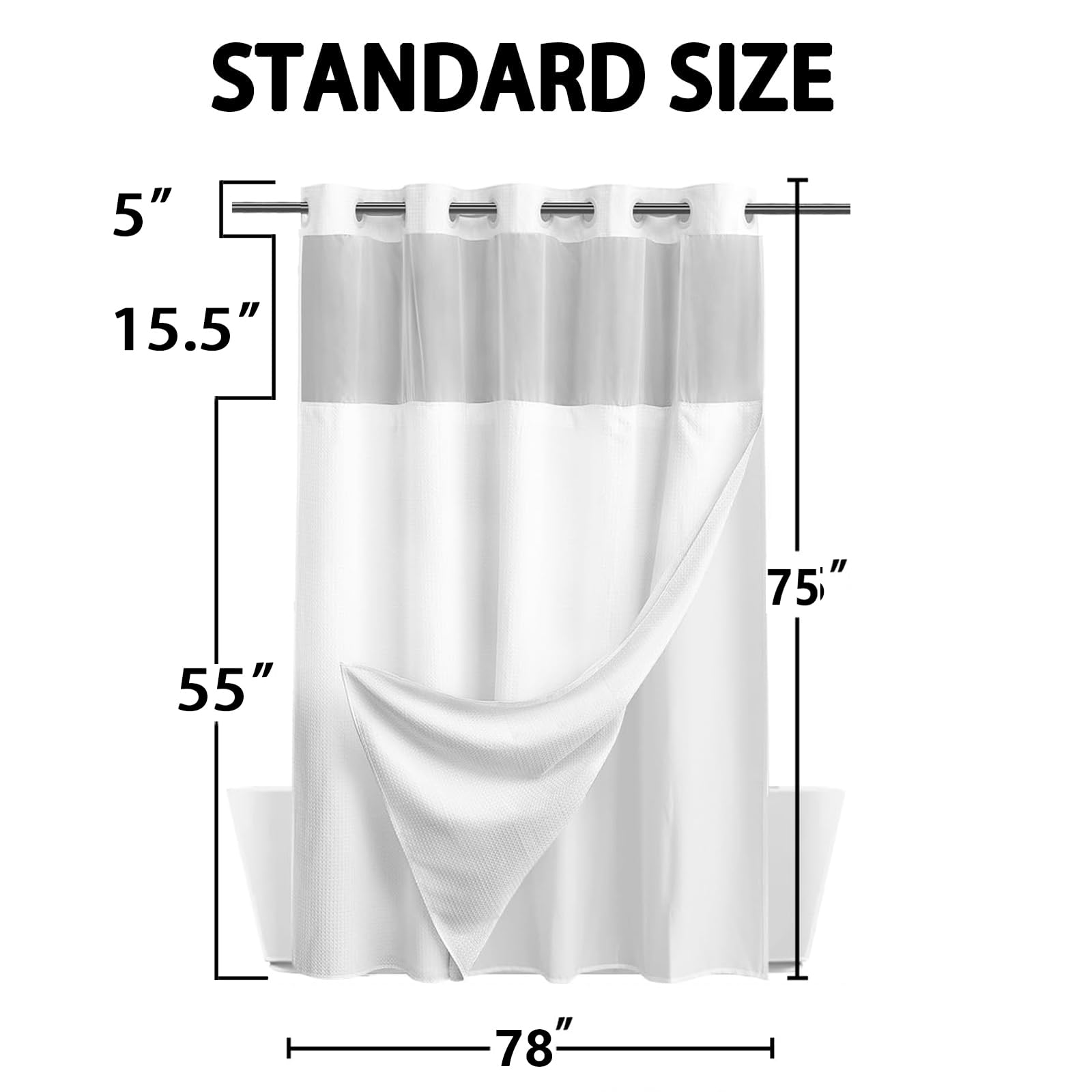 YellyHommy No Hook Shower Curtain with Snap in Liner Set White Waffle Shower Curtain for Bathroom 75" L x 78" W