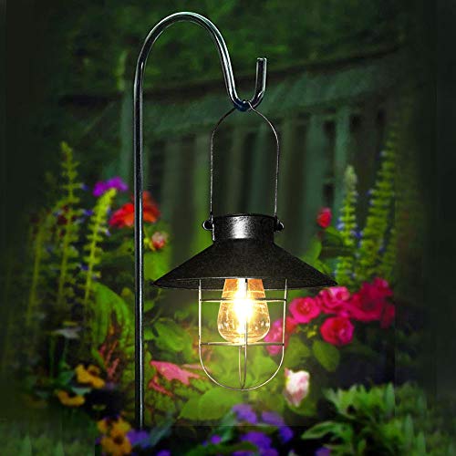 Solar Lights Outdoor Hanging Lantern Lamp with Shepherd Hook, Greenke Metal Solar Lantern Waterproof Multipurpose Pendant Lamp for Pathway Garden Yard Outdoor (Black)