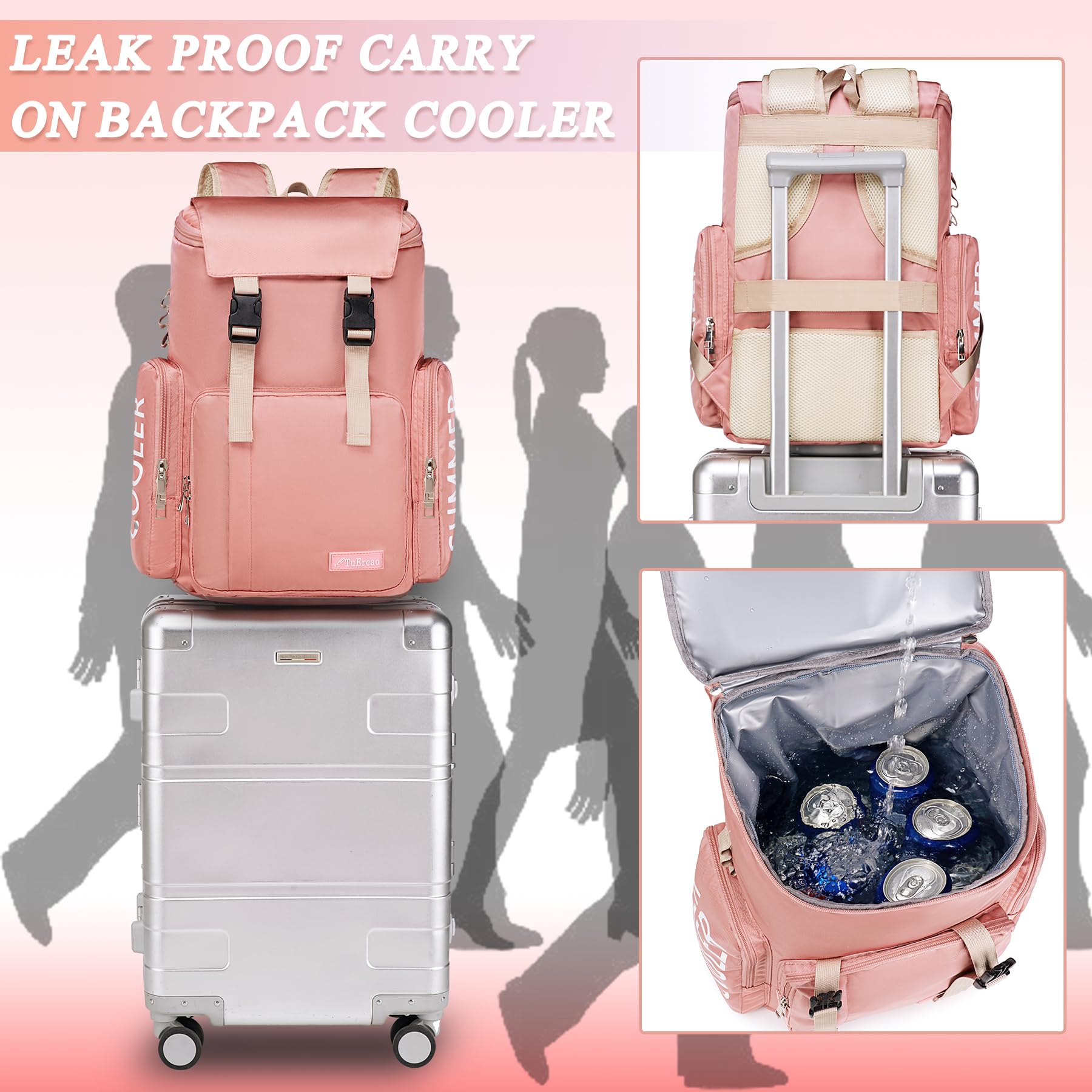 TuErCao Rose Pink Cooler Backpack Insulated Hiking Backpack for Women Men, 32 Liters Capacity, Leakproof and Made, Stylish Design and Idea Gift
