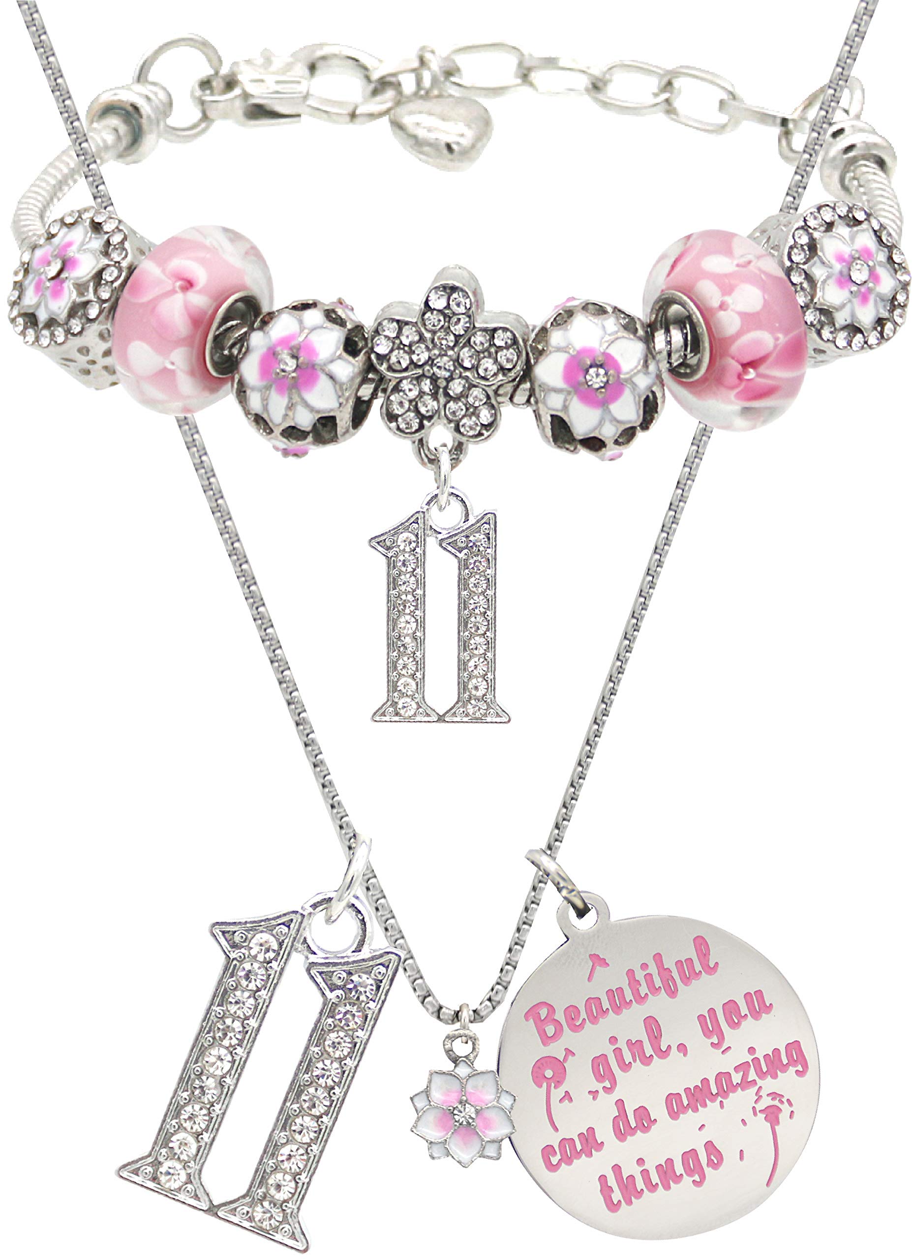 VeryMerryMakering 11th Birthday Gifts for Girls, Jewelry for Girls 11 Years Old, Girls 11th Birthday Bracelet, 11 Necklace Girls, 11th Birthday Jewelry, 11th Birthday Cherry Blossom Dandelion Jewelry