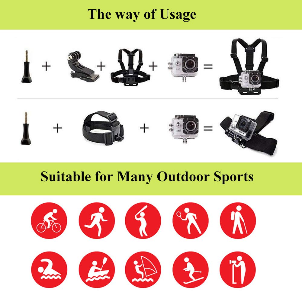 VVHOOY Action Camera Accessories Head Strap Mount Chest Harness Compatible with AKASO EK7000 Brave 4 Brave 7 LE V50X Native/GoPro Hero 12 11 10 9 8 7 6 5/VEMONT/Dragon Touch/HLS/Apexcam/REMALI