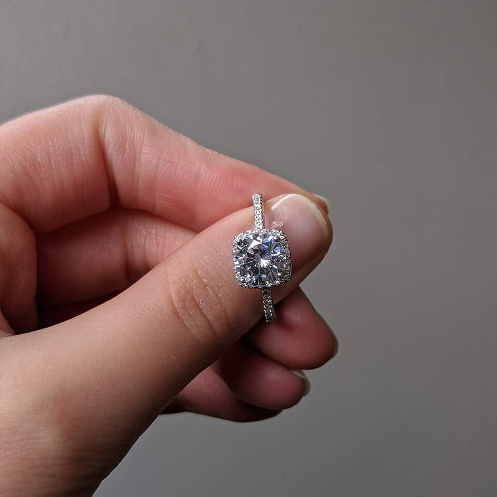 TwoBirch Classic Round Halo Solitaire Engagement Ring with 18k White Gold Plated Sterling Silver and Cubic Zirconia (Size 10)
