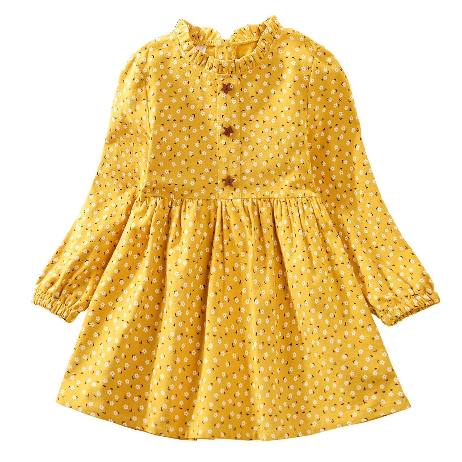 VINUOKER Toddler Baby Girls Floral Dress Long Sleeve Cotton Dress Fall Winter Midi Dress Little Girl Dress 2-7 Years Yellow