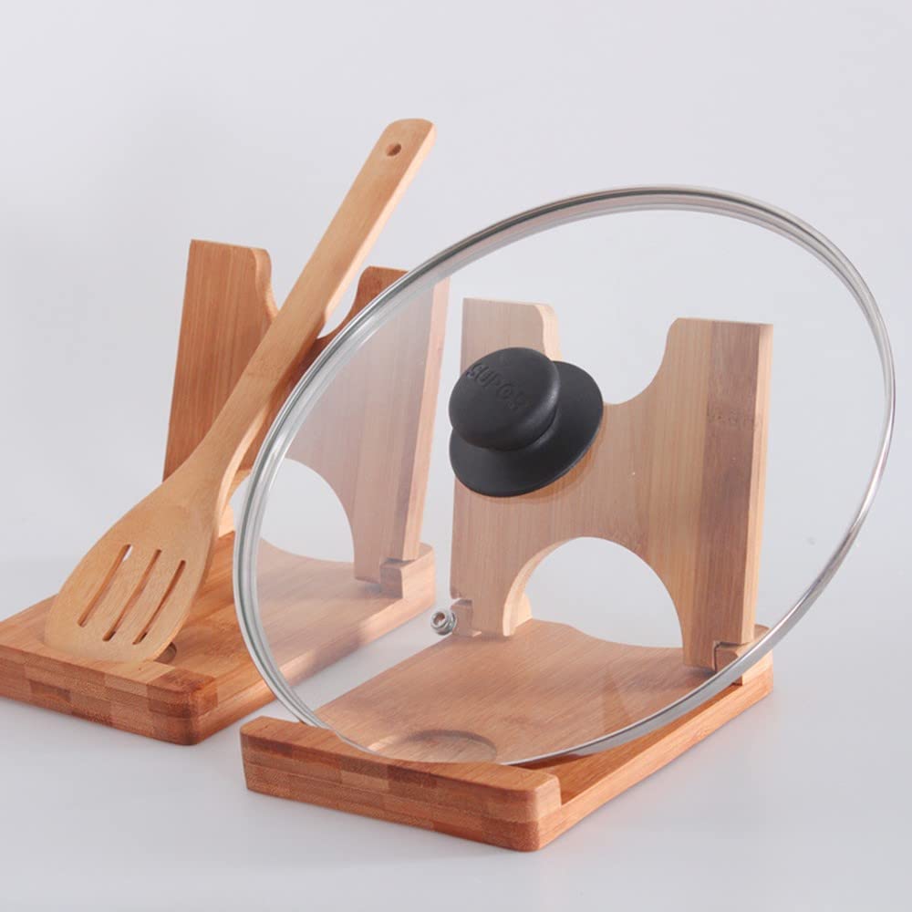 XZJMY Spoon Rest and Pot Lid Holder, Multifunctional Bamboo Pot Cover Holder,Pan Lid Organizer Storage Soup Spoon Rests,Folding Sitting Pot Lid Rack-for Kitchen Counter Utensil Rest Shelf