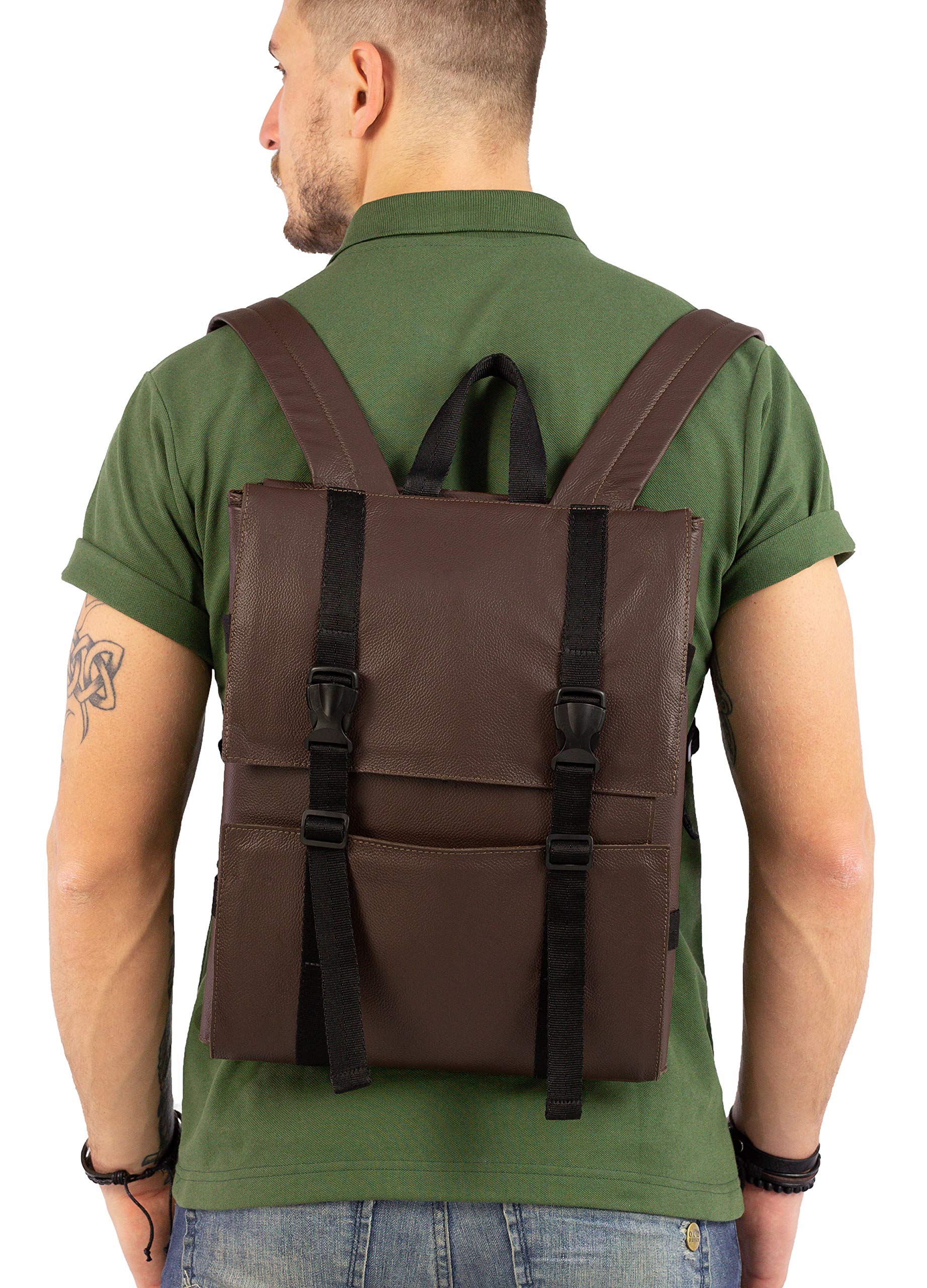 Under NY Sky Knife Bag - Brown Real Leather - 13 Knife Slots, 2 Zipped Pockets for Kitchen Utensils, Large Pocket for Tablets & Notebooks - Expandable - Tool Storage Bag Style for Chefs, Cooks, BBQ