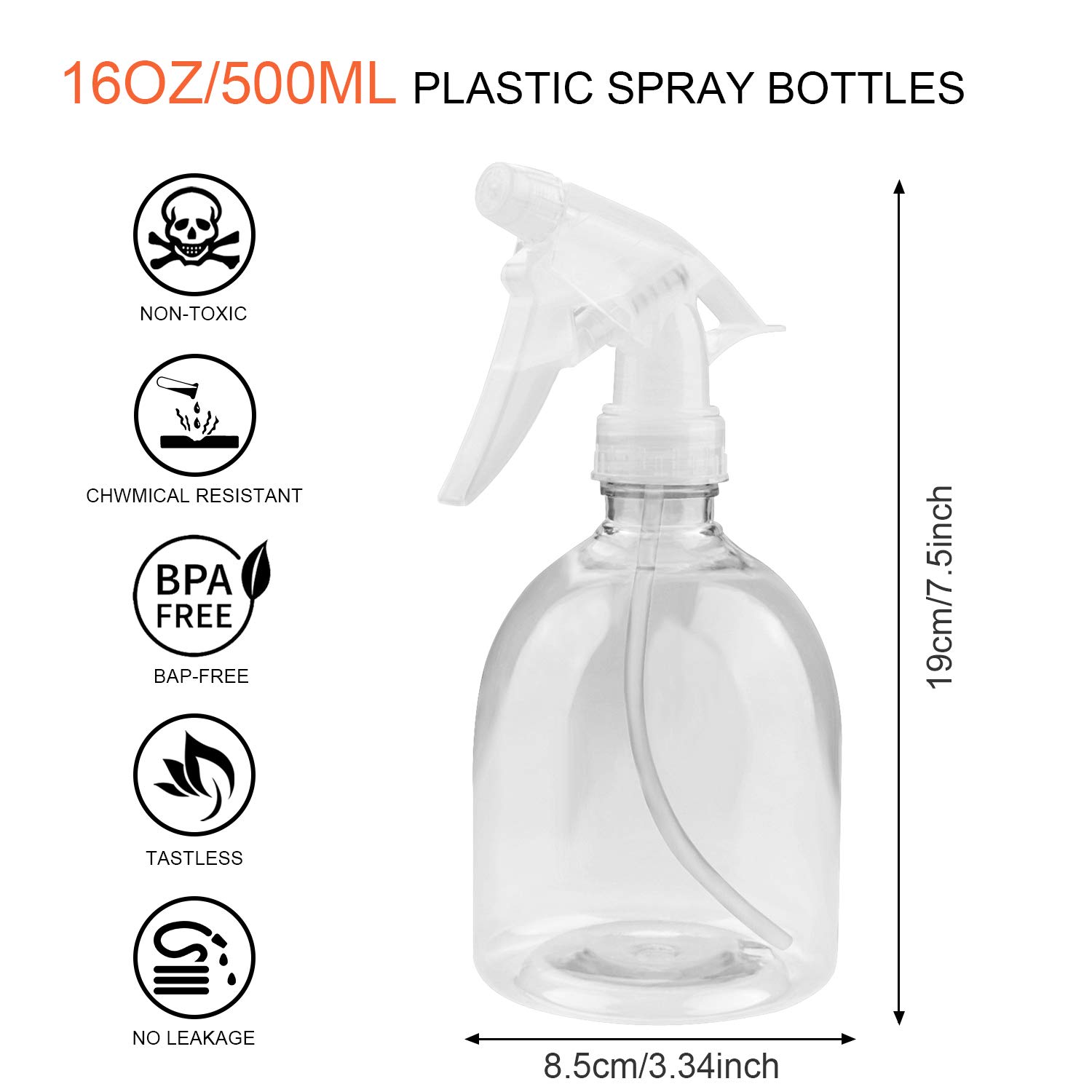 Woaiwo-q Plastic Spray Bottle,16oz/500ml Empty Clear Spray Bottles for Cleaning Solutions,Hair,Oils,Adjustable Head Sprayer Water Squirt Bottle(6 PACK)