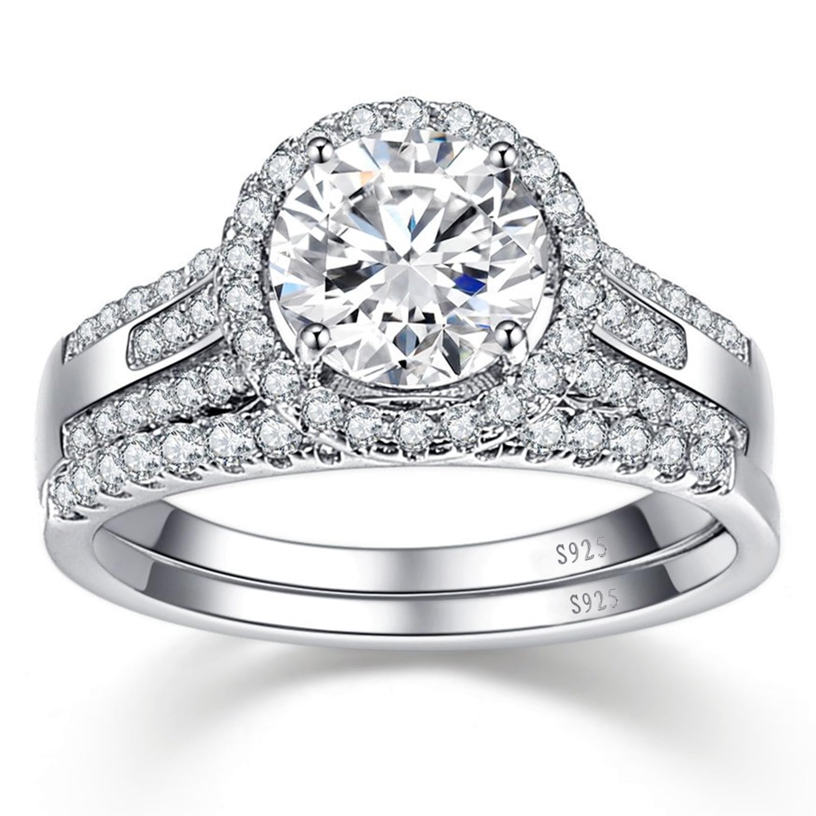 Yaresul 3.45ct Round Halo Women's Engagement Ring Sets 925 Sterling Silver Stackable Half Eternity Wedding Bands Stackable Cubic Zirconia Wedding Bands Rings Women Bridal Set Size 5