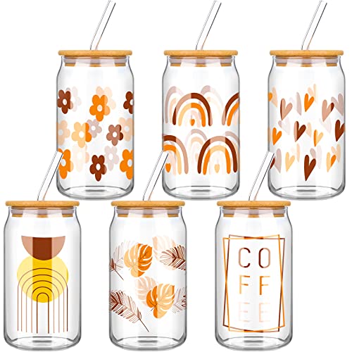 Yoiemivy 6 Pack Glass Cups with Lids and Straws, Iced Coffee Tumbler with Straw Boho Pattern Drinking Glasses16 Oz Beer Can-Shaped Glass for Iced Coffee Cola Soda Tea Juice Water