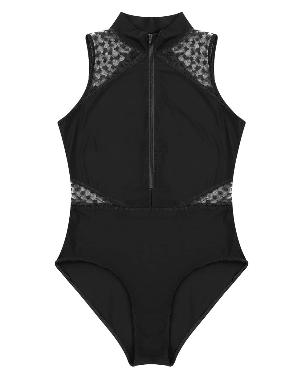 Yeeye Women's Turtleneck Sleeveless Mesh Splice Zipper Ballet Dancewear Leotard Gymnastics Bodysuit Black Small