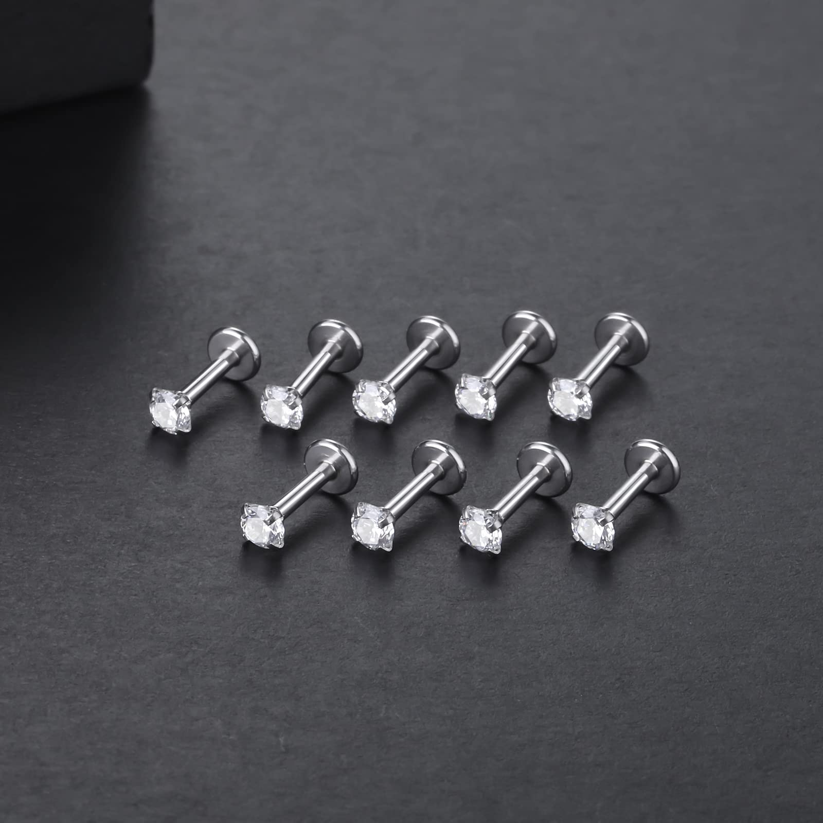 Xpircn 9PCS 16G Stainless Steel 3mm Cubic Zirconia Labret Monroe Lip Ring Tragus Helix Earring Studs