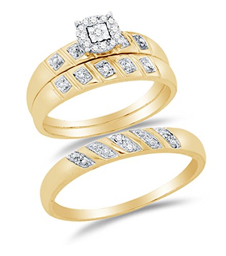 Sizes - L = 7.5, M = 10.5 - 10K Yellow Two Tone Gold Round Diamond Halo Circle Trio Three Ring Set - Matching His and Hers Engagement Ring & Wedding Bands - Prong Set Solitaire Center Setting Shape (1/10 cttw.) - Please use drop down menu to select your d