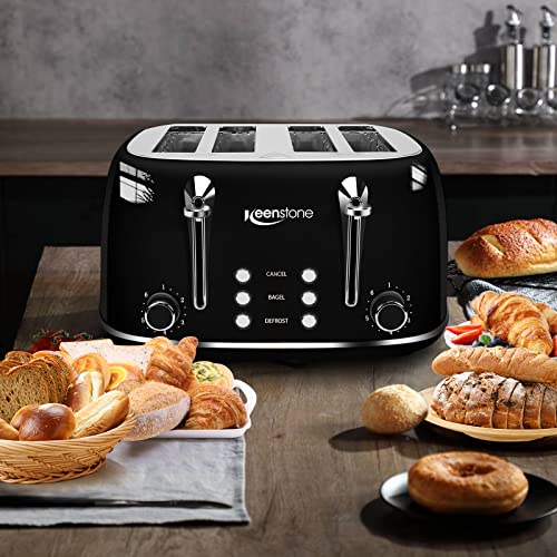 Toaster 4 Slice Stainless Steel Toaster with Bagel, Cancel, Defrost Function, Keenstone 4 Slice Toaster with Removable Crumb Tray, 4 Extra Wide Slots, 6 Shade Settings, Black