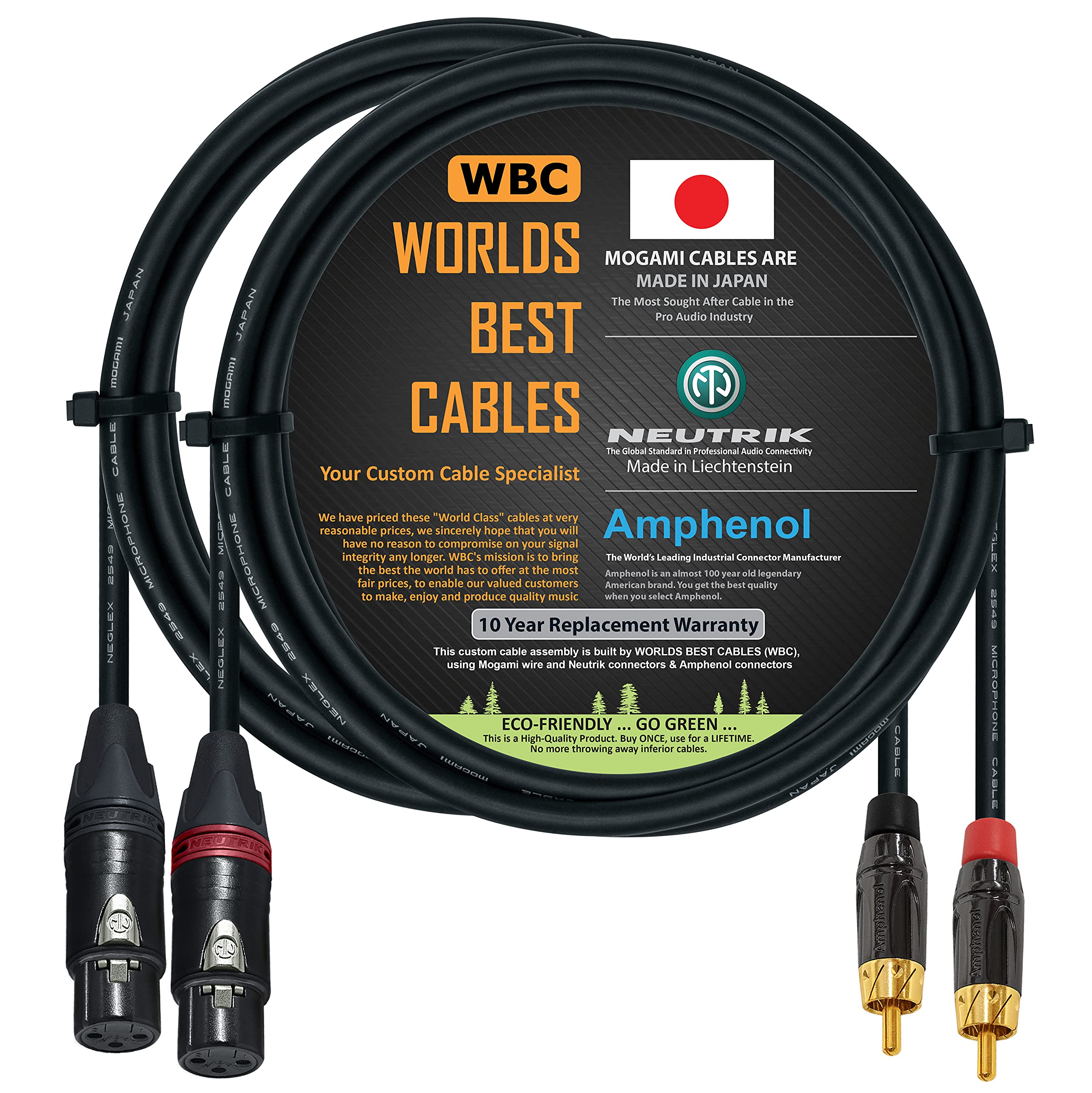 WORLDS BEST CABLES 6 Foot - RCA to XLR (Female) Cable Pair β Mogami 2549 Audio Interconnect Cable & Amphenol ACPL RCA & Neutrik Female XLR Gold Plugs - CUSTOM MADE