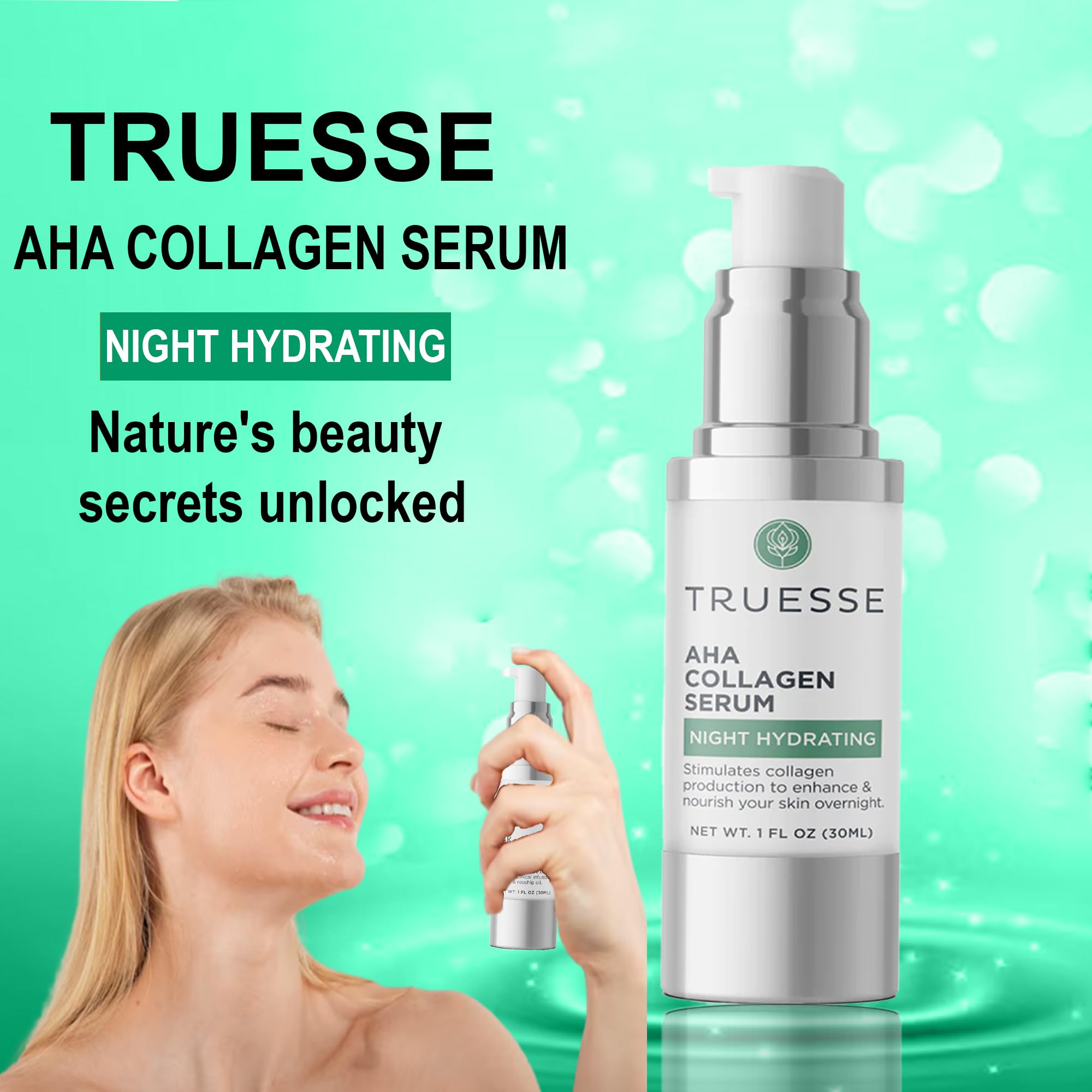 TRUESSE AHA Collagen Serum - Serum for Face - Collagen Peptide - Nighttime Moisturizer - Anti-Aging Serum - Overnight Facial Serum, 1 fl oz…