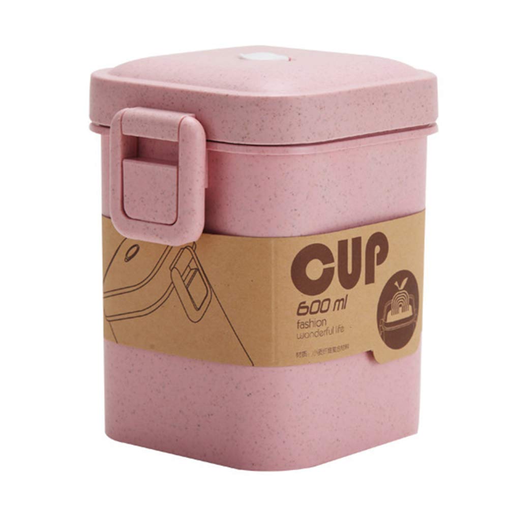 YARDWE Microwave Breakfast Cup Sealed Insulated Food Jar: Microwave Soup Mug with Lid 600ml Pink Square Wheat Straw Cereal Cup with Cover Spill Proof Soup Travel Container