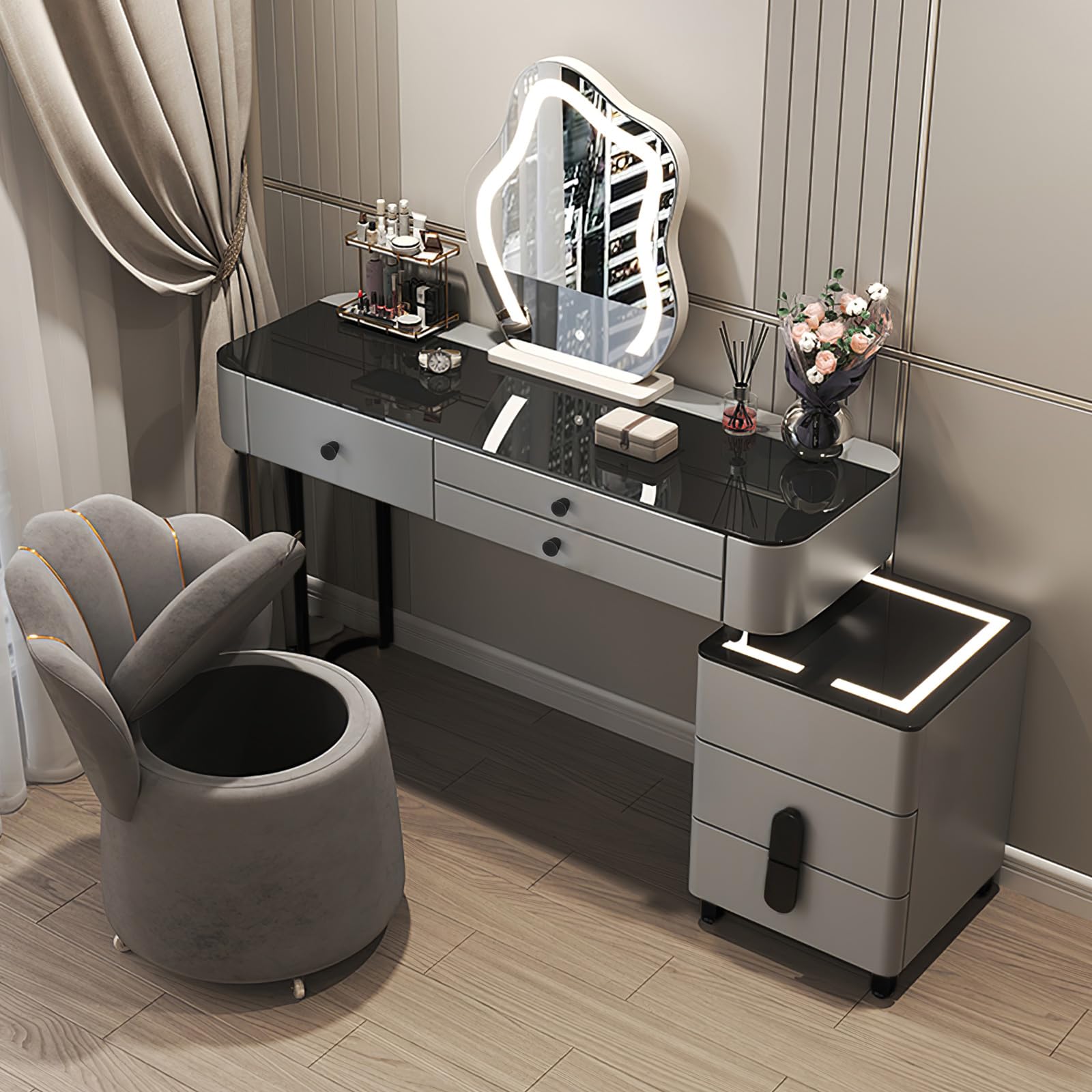 Winfree Smart Makeup Desk,Multifunction Vanity Table Set with 5 Drawers, LED Light Makeup Mirror and Storage Chair, Vanity Set with Adjustable Lighted Mirror for Girls(Noble Gray) (31.5in)