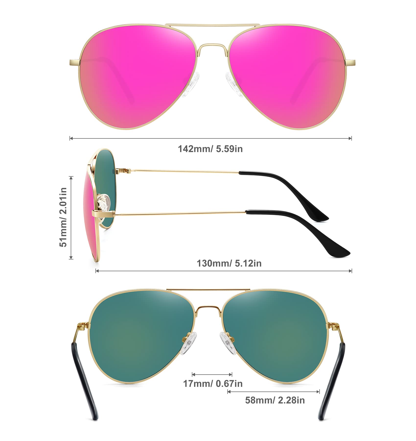 WOWSUN Classic Polarized Aviator Sunglasses for Women Men (Golden Frame Purple Pink Mirrored Lens)