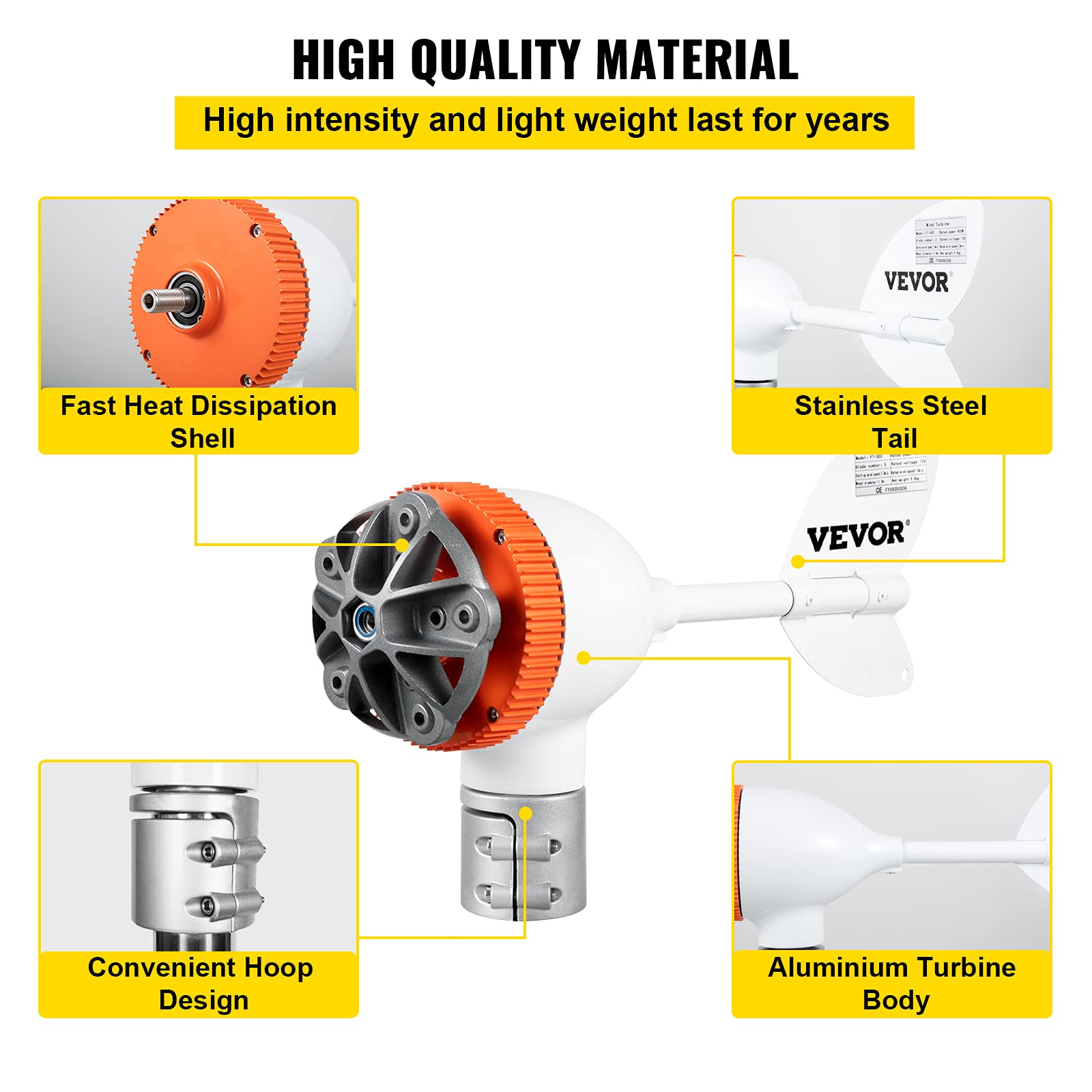 VEVOR, 12V/AC Turbine Kit, 400W Wind Power Generator with MPPT Controller 5 Blades Auto Adjust Windward Direction Suitable for Terrace, Marine, Motor Home, Chalet, Boat, White