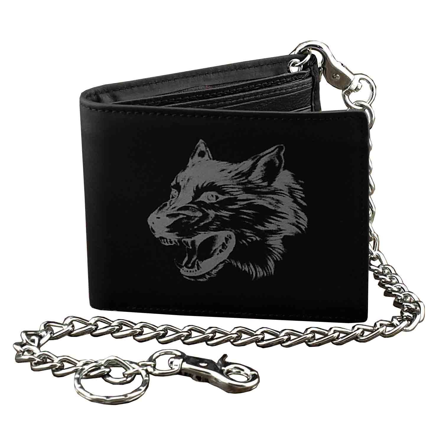 Wolf design Leather Mens Bi-Fold Wallet BLACK w/ Biker long Chain