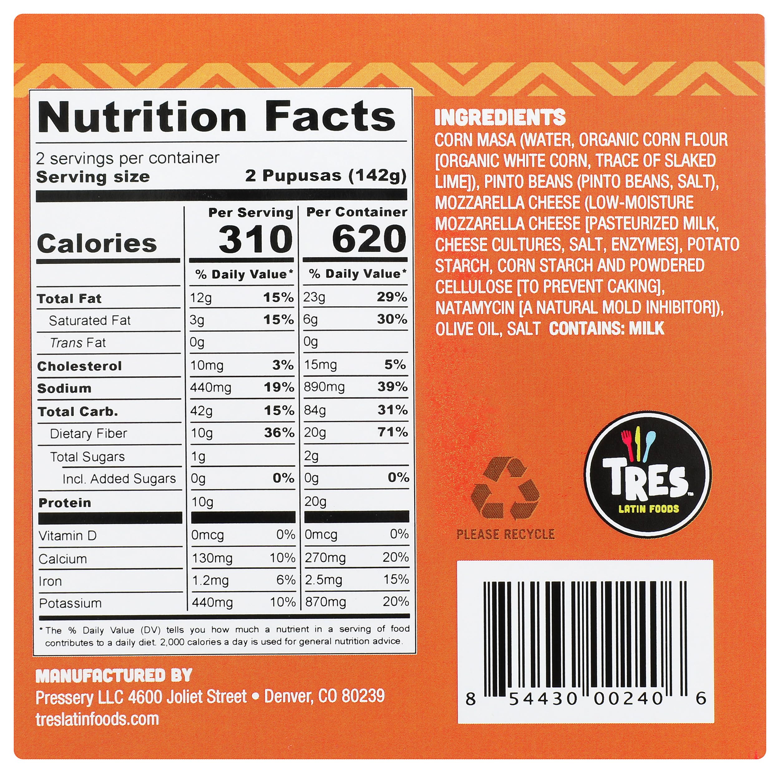 Tres Pupusas, Pinto Bean And Cheese Papusas, 10 Ounce