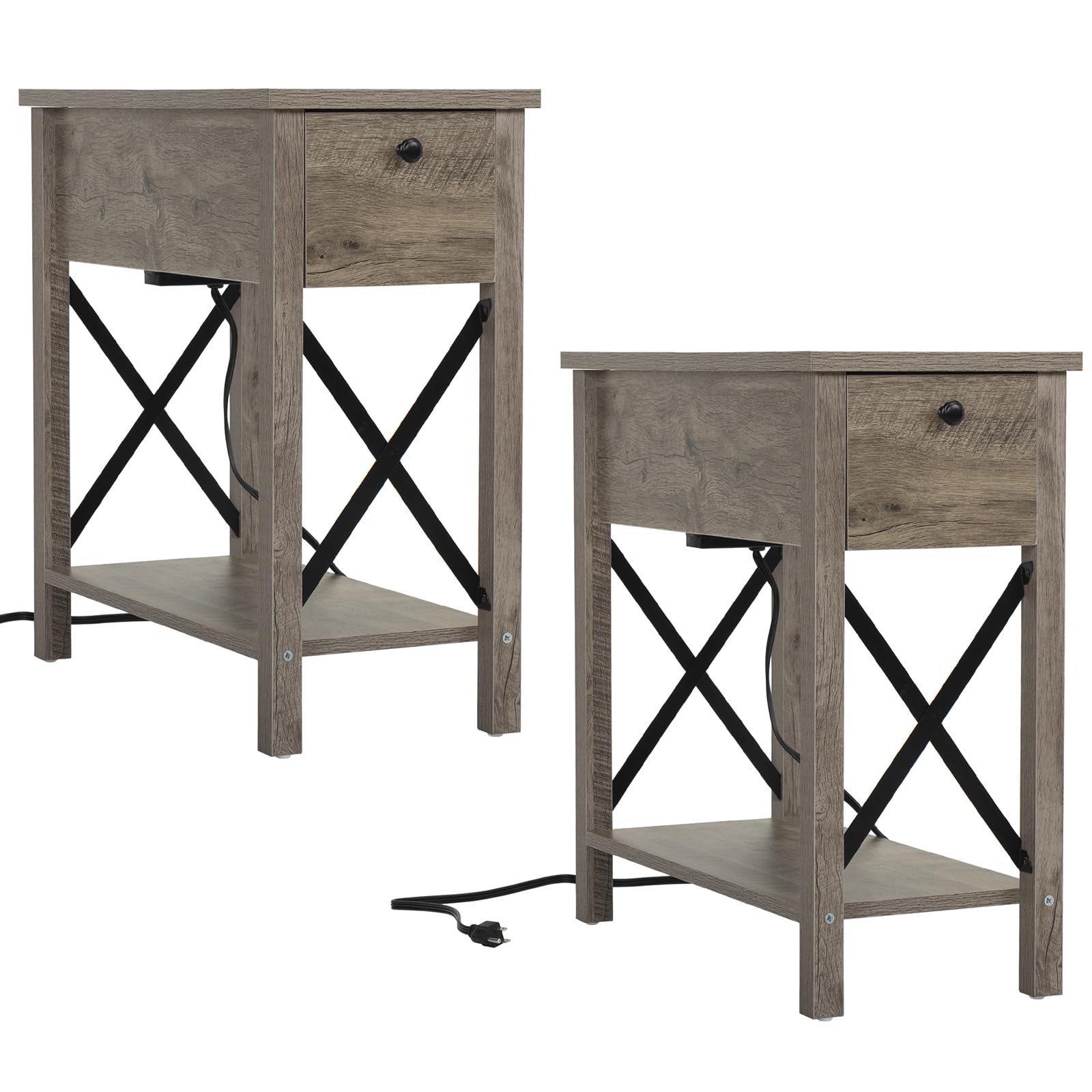Tidyard Set of 2 Flip Top End Table with Charge Station, X-Shaped Profile Narrow Side Table with Drawer for Office, Bedroom, Living Room, Gray