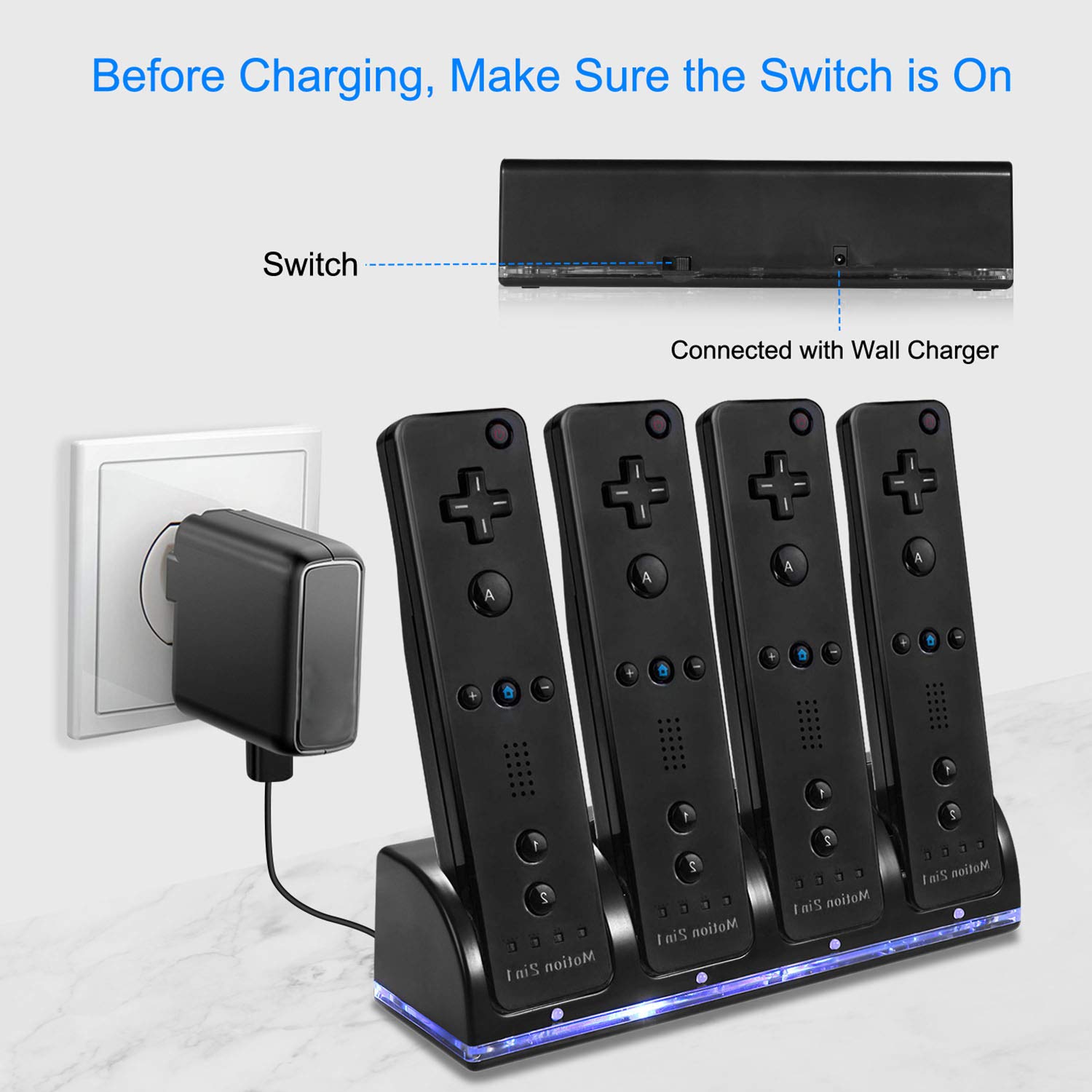 Wii Remote Battery Charger, Moclever 4 port Charging Station Dock with 4 Rechargeable Capacity Increased Batteries and Lengthened Cord Compatible with Wii/Wii U Game Remote Controller