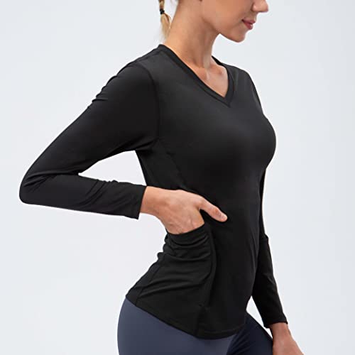 Women's 3 Pack Dry Fit Athletic tightfitting V-neck Long Sleeve,Black,Wine Red,Dark Green,Medium