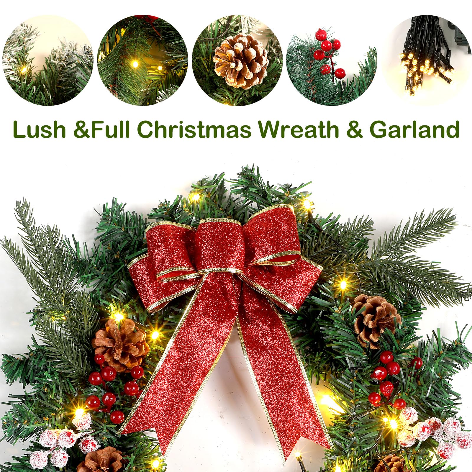 Yingzhao Christmas Wreath Decoration Kit - Includes 18ft Garland Lights, 16'' Wreath, 20 LED Lights, Mental Hanger, 2 Red Bows