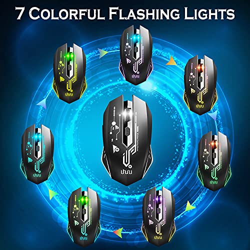 UHURU WM-02Z Wireless Gaming Mouse, 2.4G Wireless Rechargeable Mouse with 6 Programmable Buttons, 5 Adjustable Levels DPI Up to 4800DPI, 7 Colorful LED Lights, Compatible with Notebook, PC, Mac