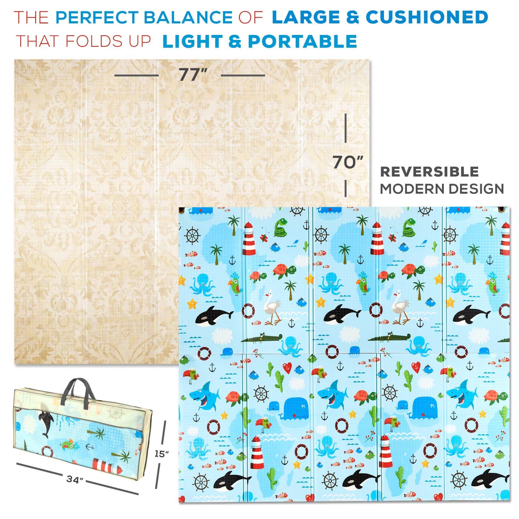 Reversible Baby Play Mat & Exercise Mat - Fun & Stylish Foam Floor Playmat for Kids and Infants. Elegant Room Decor Transforms into Large Fun Activity Gym Mat (Llama)