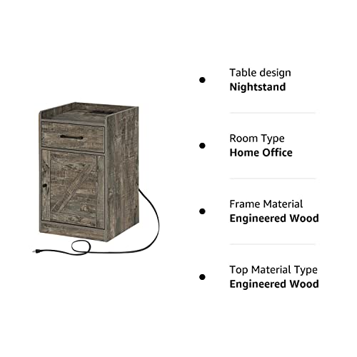 Rolanstar Nightstand with Charging Station, Farmhouse End Side Table with Storage Drawer and Cabinet for Bedroom, Grey