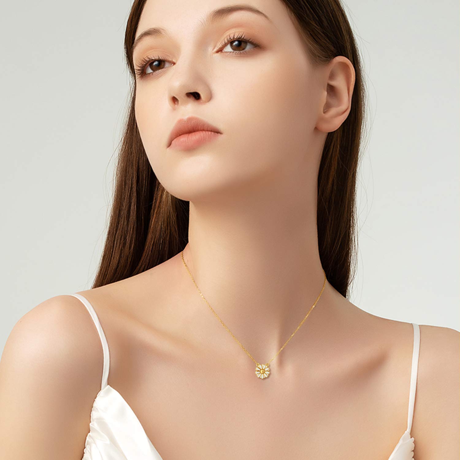 WSX 14K Daisy Necklace for Women White Daisy charm Pendant for Her Fine Jewelry Birthday Gift, 16+1+1 inches