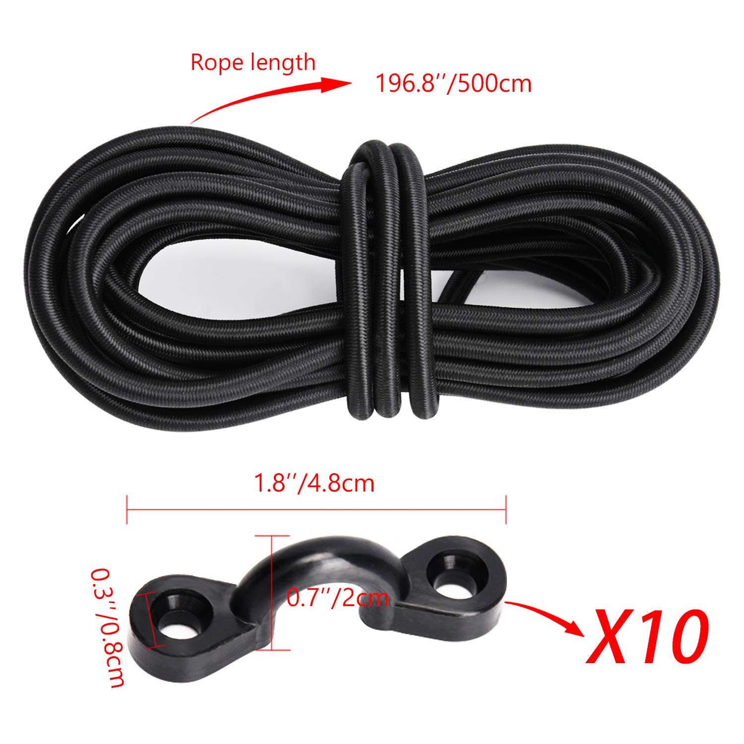 TOBWOLF Kayak Bungee Kit, Kayak Stretch String Rope, Deck Rigging Accessory with 5m 6mm Elastic Bungee Cord Rope, 2 Hooks, 10 Buckles & 20 Stainless Steel Screws for Kayaks, Canoes, Boats