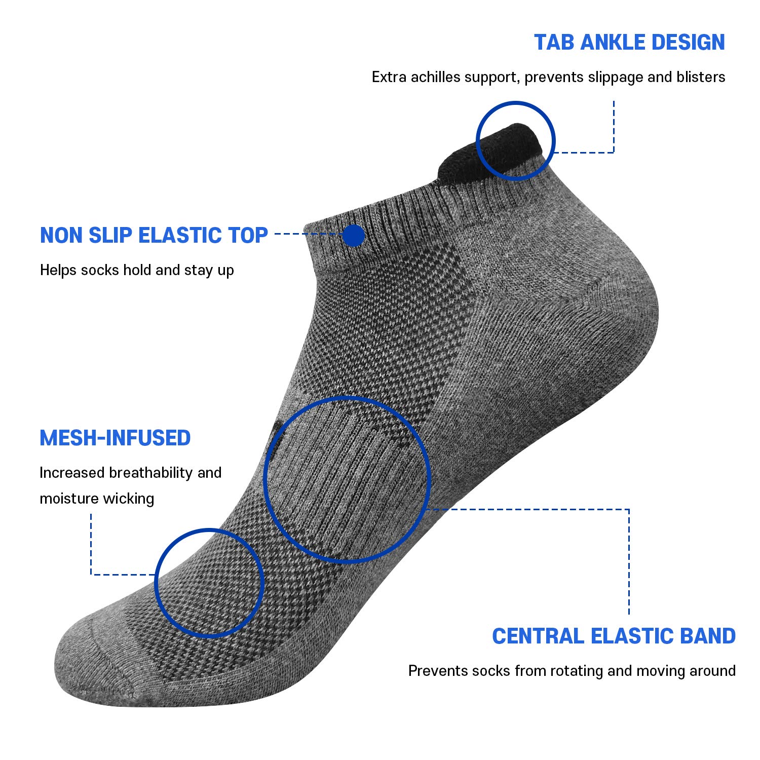 Tom & Mary Men’s Athletic Cotton Ankle Socks With Tab, Golf and Running, Multi Purpose, Breathable, Full Double Cushioned, Low Cut (6-Pack) (Mono Colors)