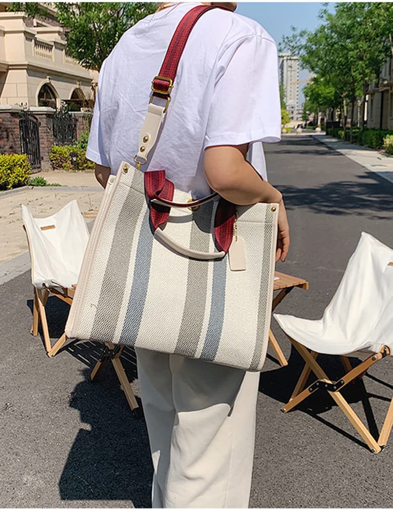 Tote Bag Hobo Bag for Women Canvas Shoulder Bag Chic Crossbody Bag Satchel Large Handbag Color Contrast Stripe