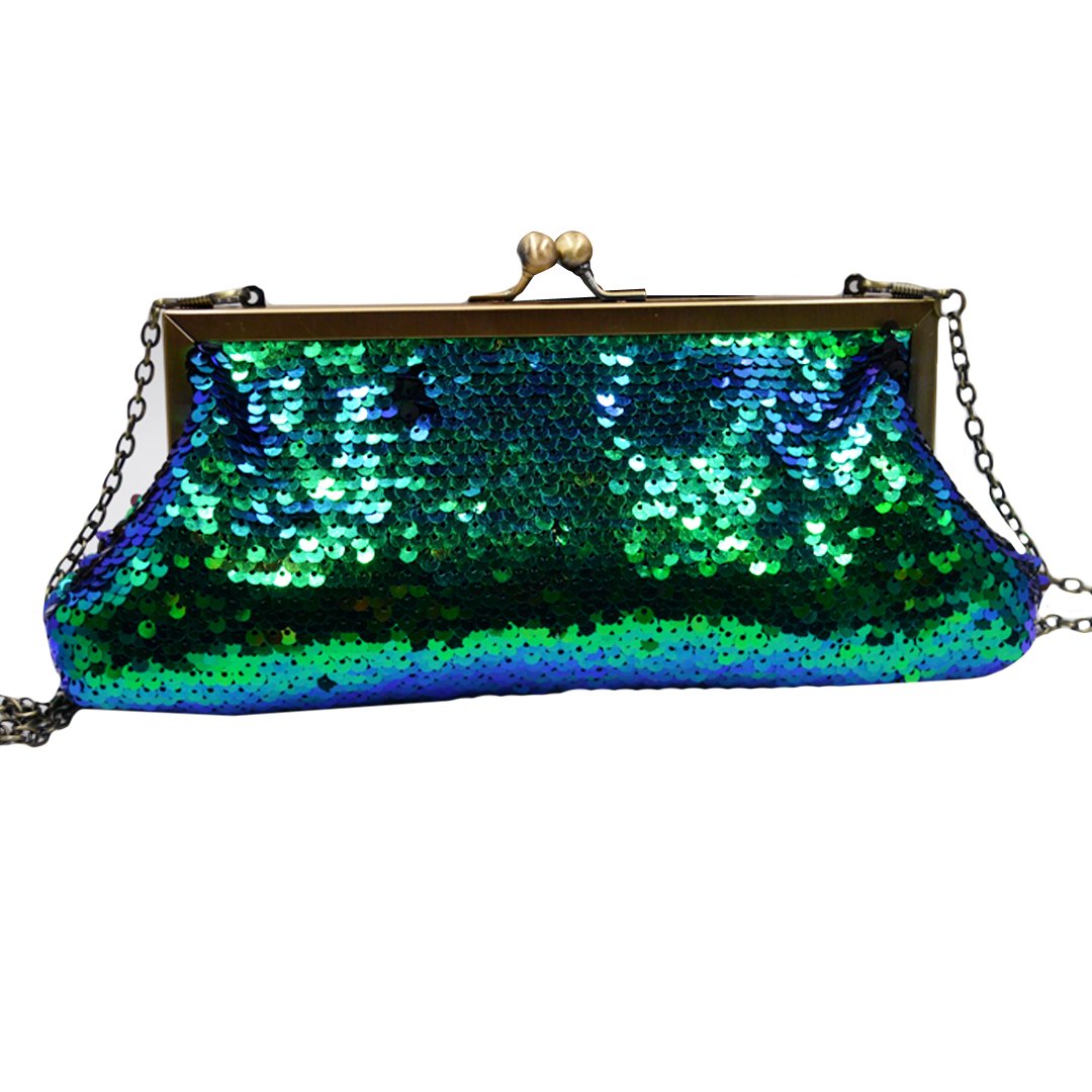 Women Mini Glitter Mermaid Sequin Evening Clutch Handbag Chain Strap Cross-body Bag Kissing Lock