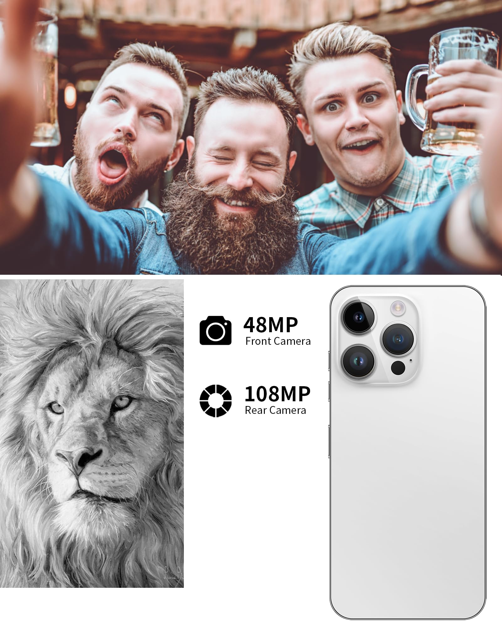 VIQEE A14 Pro Max 5G Unlocked Smartphone - 6GB+256GB Fully Unlocked Cell Phone for Android 13, 6.8" Unlocked Cell Phone, 6800mAh, 48MP+108MP Dual Camera (White)