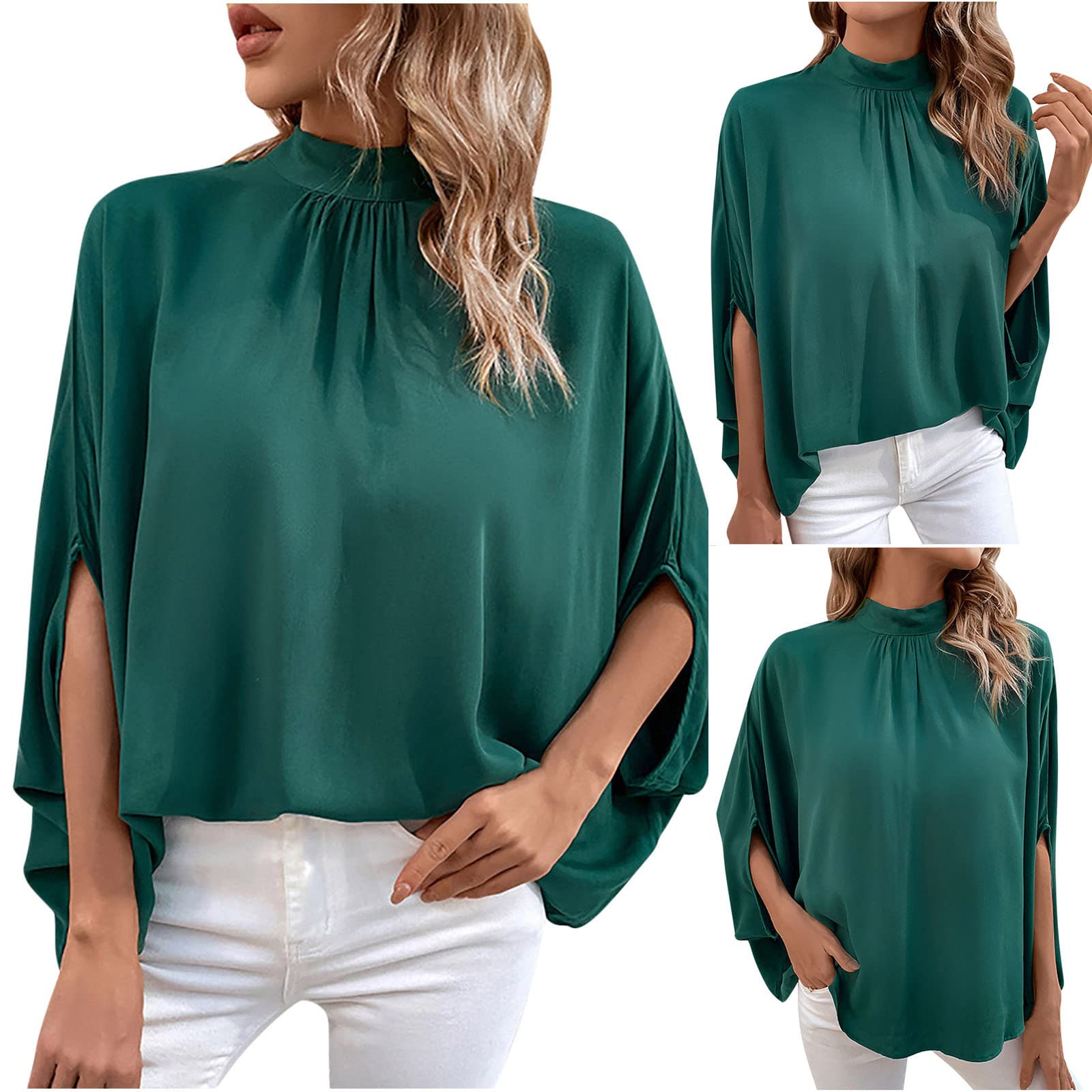 Women's Batwing Short Sleeve Summer Tops, Mock Neck Loose High Low Hem Casual Oversize Blouses Shirts Top, 2023 Spring Oversize Blouses Cape Shirt Chiffon Blouse