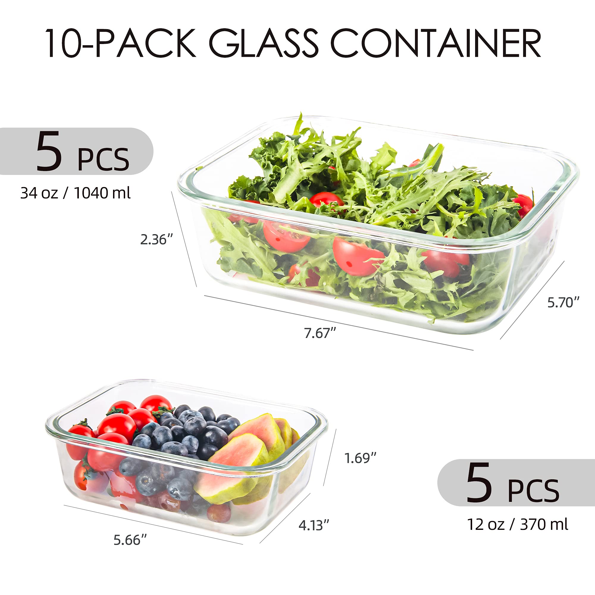 YARYOUNG 10 Pack Glass Food Storage Containers, Glass Meal Prep Containers with Lids Leak Proof, Microwave & Freezer Safe (34oz & 12oz)