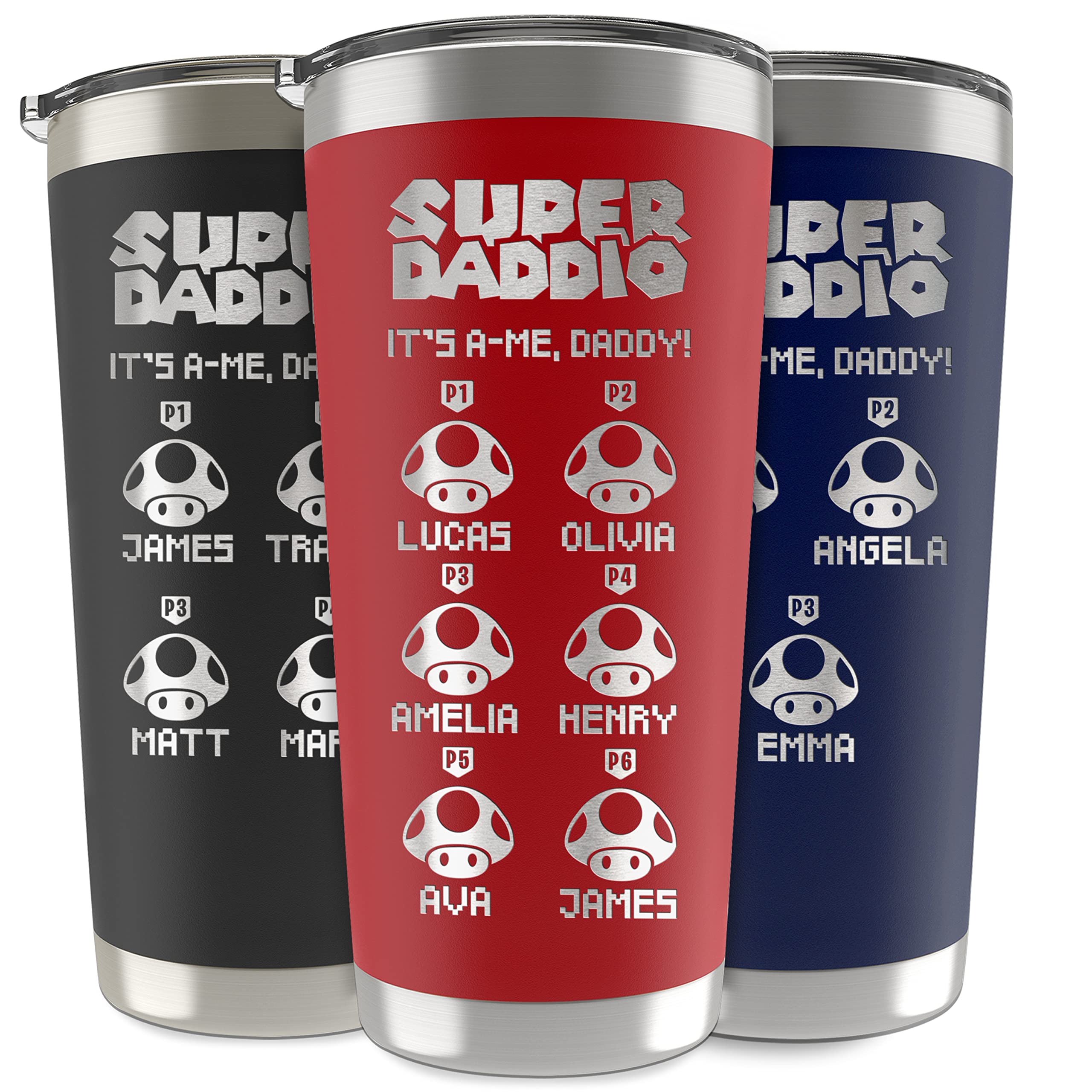 Super Daddio Tumbler with Kids Names, Personalized Tumblers for Dad, 13 Vibrant Colors - 20oz & 30oz, Double-Walled Stainless Steel Dad Tumbler