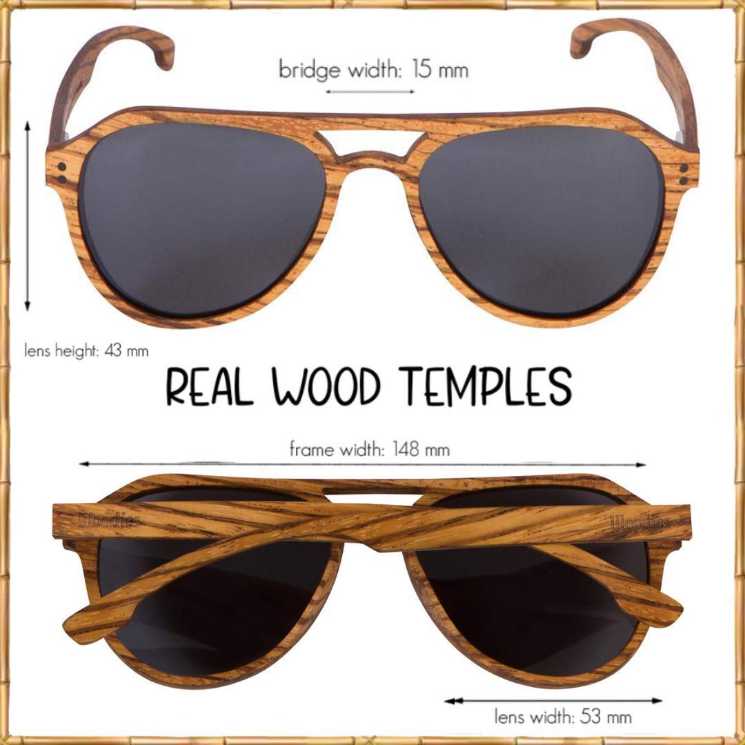 Woodies Polarized Full Zebra Wood Sunglasses for Men and Women | Black Polarized Lenses and Real Wooden Frame | 100% UVA/UVB Ray Protection