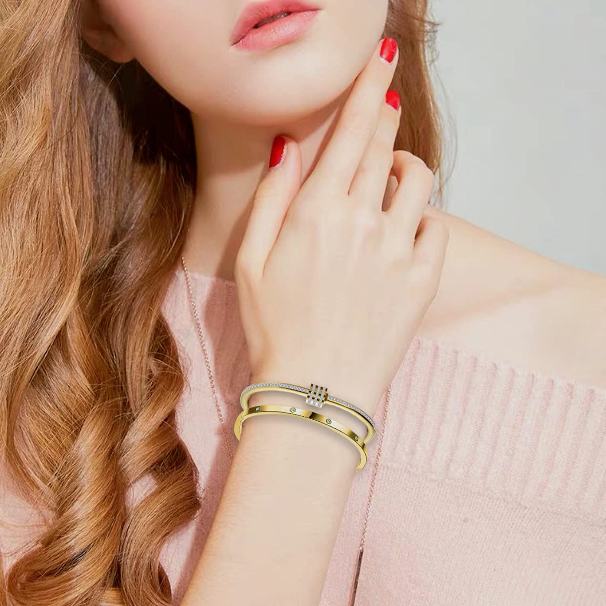 YUWINICER Women's Gold Plated Friendship Bracelet Personality Stackable Stainless Steel oval Bangle Bracelets Present the Gift of Love (2PS 4MM-Screw Gold)