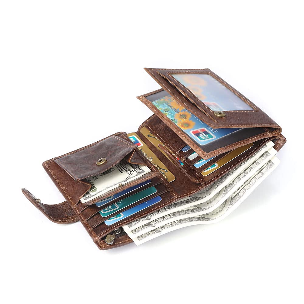 WULOUJIE Leather Wallet For Men, Travel Large Capacity Rfid Blocking Wallet, Bifold Wallets Can Be Hold Many Credit Card(coffee)