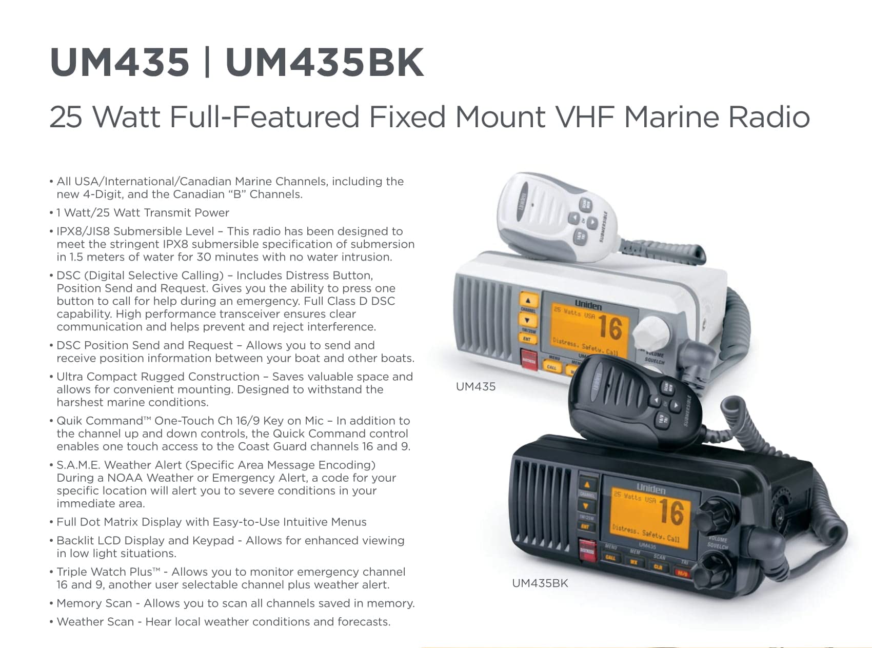 Uniden UM435BK Advanced Fixed Mount VHF Marine Radio, All USA/International/Canadian Marine Channels including new 4-Digit, CDN “B” Channels, 1 Watt/25 Watt Power, Waterproof IPX8 Submersible, Black