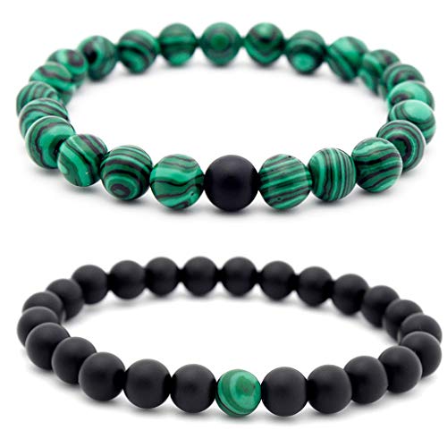 Usstore 2PCS Adults Unisex Natural Stone Bracelet Trip Stripe Printed 8mm Lava Rock Beads Frosted Agate String Gift