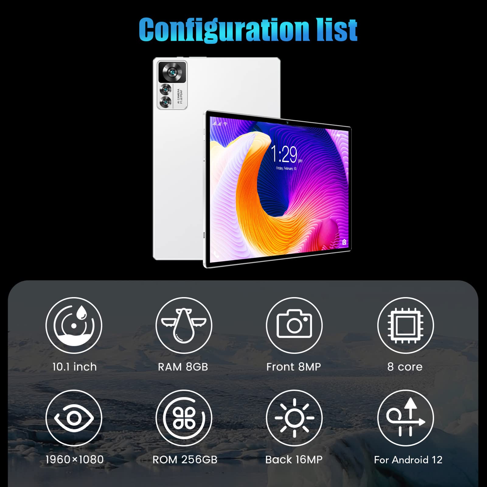 Yoidesu 10.1 Inch Tablet for Android 12, Octa Core CPU, 8GB RAM 256GB ROM, 2.4G 5G WiFi, 8MP Front 16MP Rear, 7000mAh, BT5.0, 1080 FHD, Support Gravity Sensing, GPS, Glonass, White