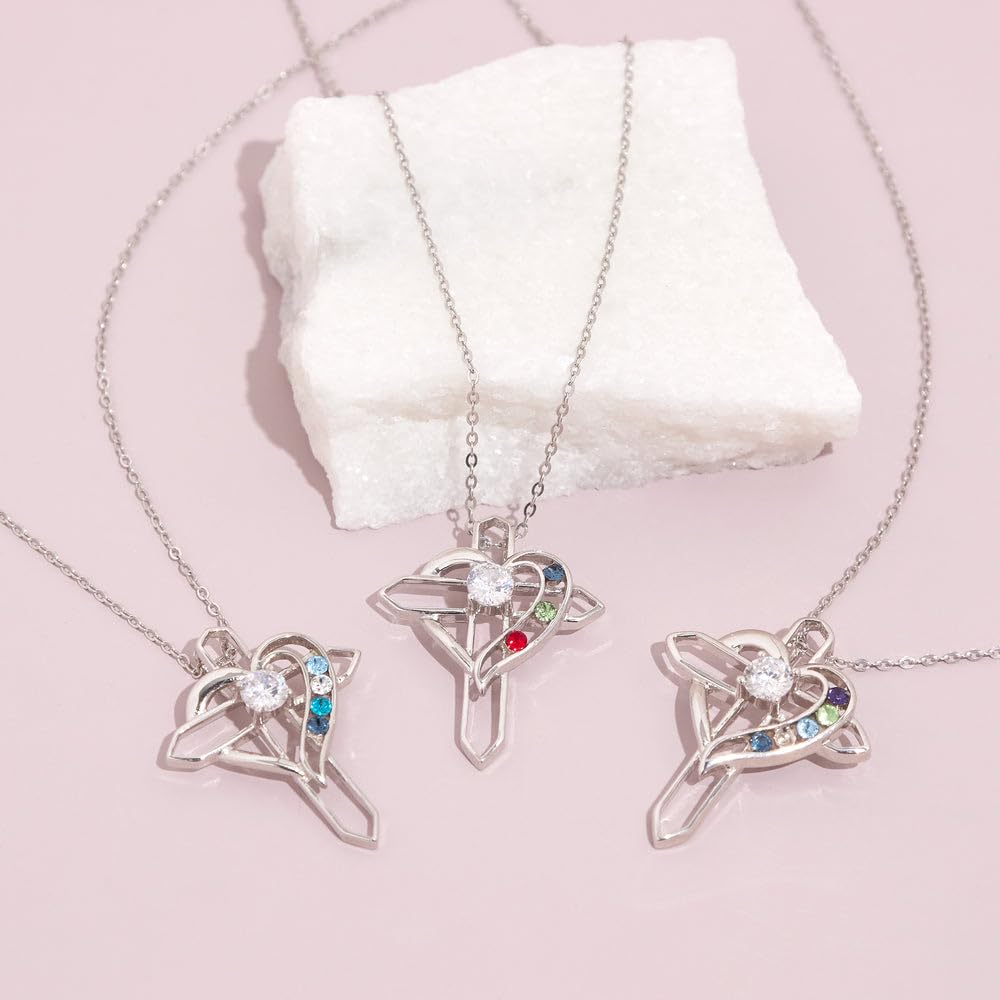 Women's Custom Sterling Silver 4 Stone Simulated Birthstone Heart with Cross Pendant (18" chain) - Personalized Birthstone Cross Necklace - Gifts for Mom