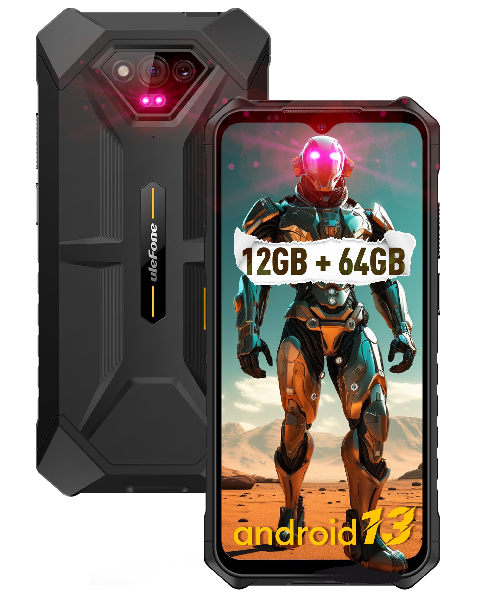 Ulefone Armor X13 Rugged Phones Unlocked, IP68/IP69K Waterproof Phone, MTk Helio G36 12GB+64GB, 50MP+24MP Night Vision Camera, 6.52" Display, 6320mAh, Android 13, NFC, Fingerprint ID, Black