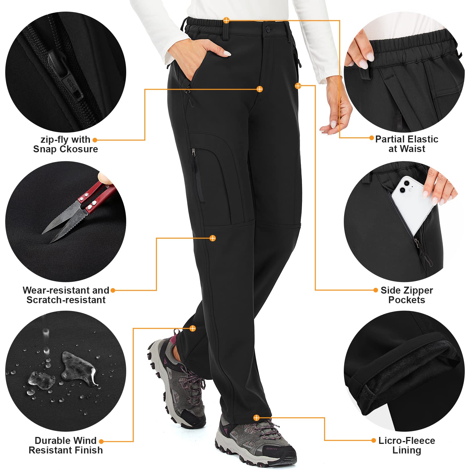 Women's Snow pants Hiking ski Waterproof Fleece Lined Outdoor Cargo Pants Softshell Winter Warm Pants with Zipper Pockets,H4409,Black,6