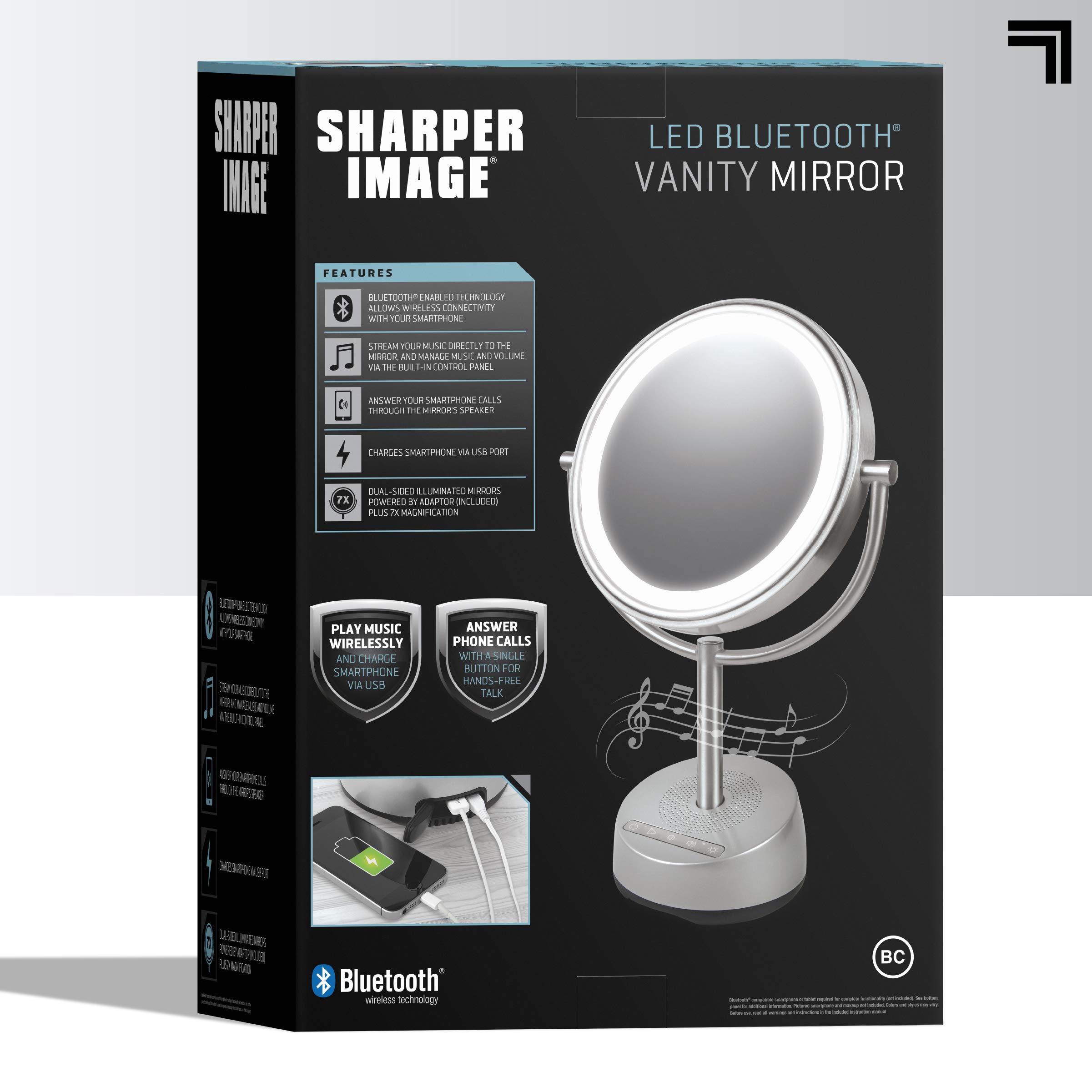 Sharper Image Bluetooth Vanity Makeup Mirror with Wireless Music Streaming, LED Light and Phone Charging Port…